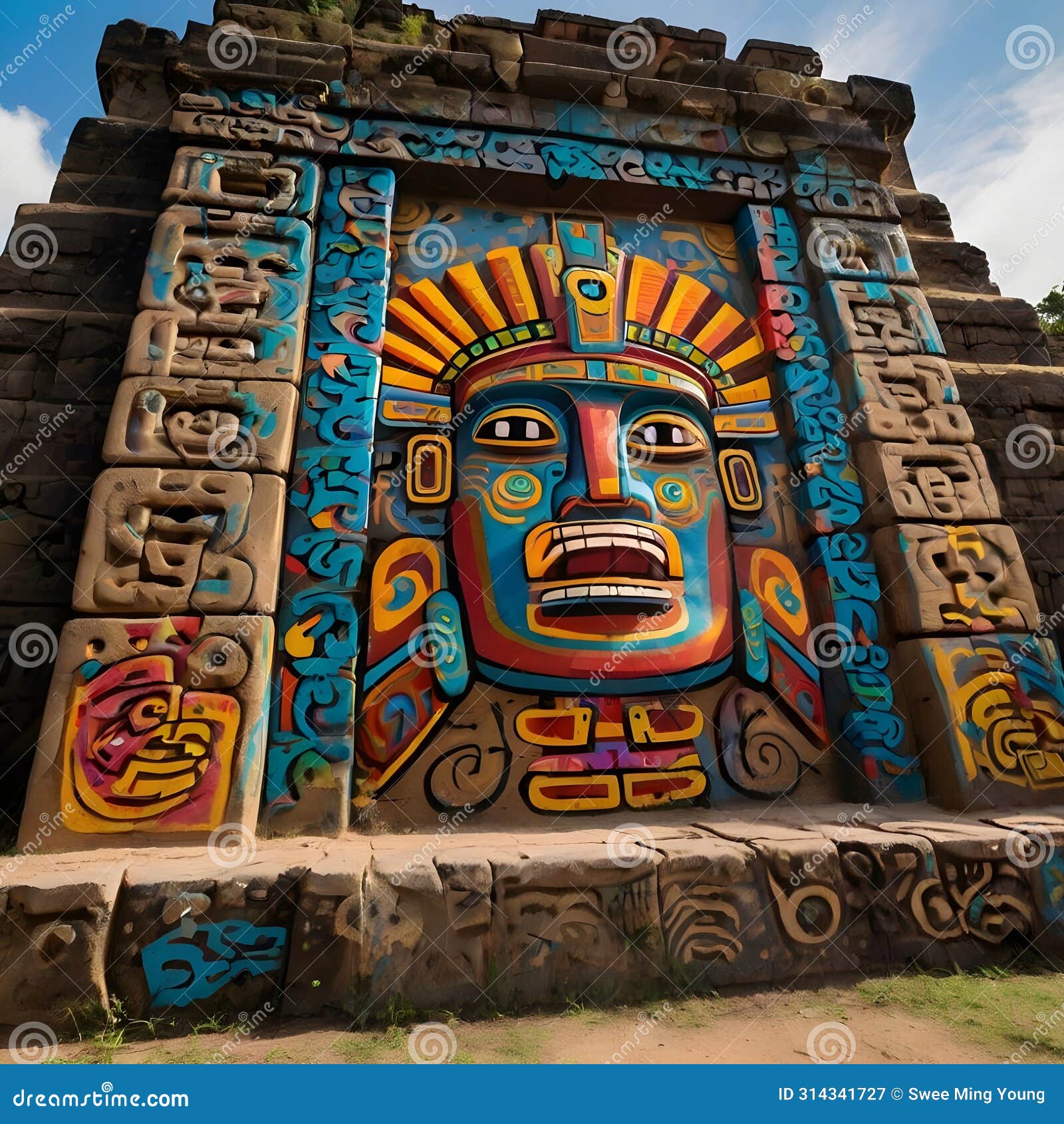 Image of the Aztec Statue in Vibrant Graffiti Scene Drawn Around the ...