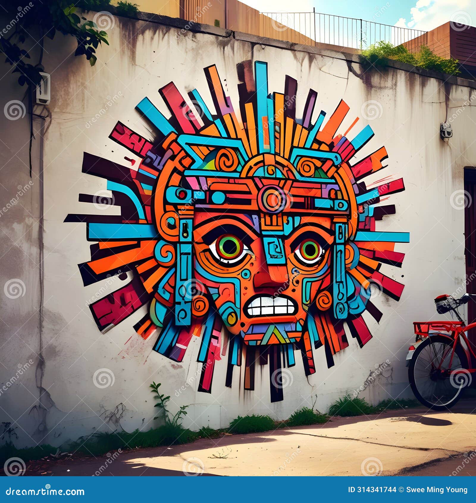 Image of the Aztec Statue in Vibrant Graffiti Scene Drawn Around the ...