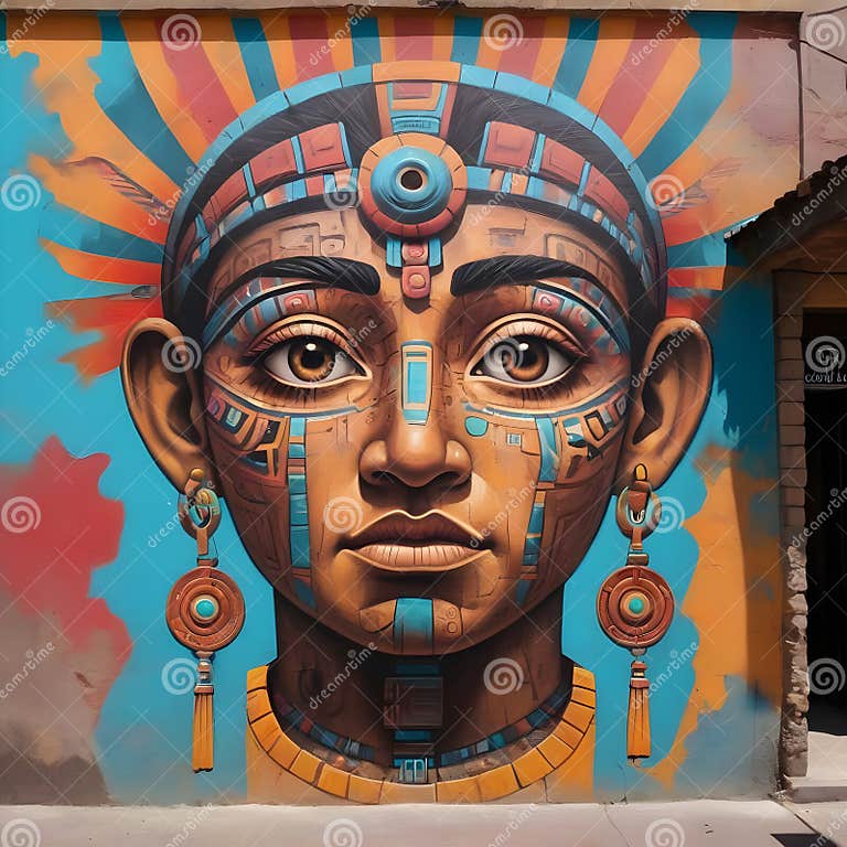 Image of the Aztec Statue in Vibrant Graffiti Scene Drawn Around the ...