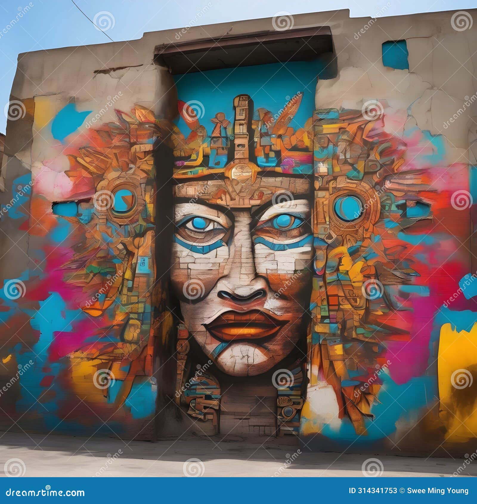 Image of the Aztec Statue in Vibrant Graffiti Scene Drawn Around the ...