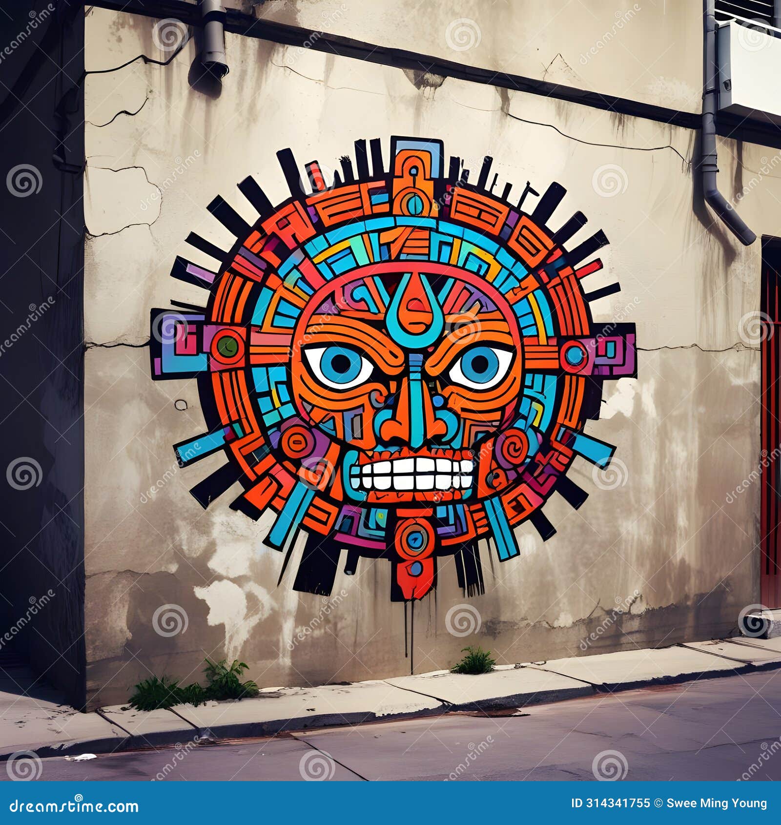 Image of the Aztec Statue in Vibrant Graffiti Scene Drawn Around the ...