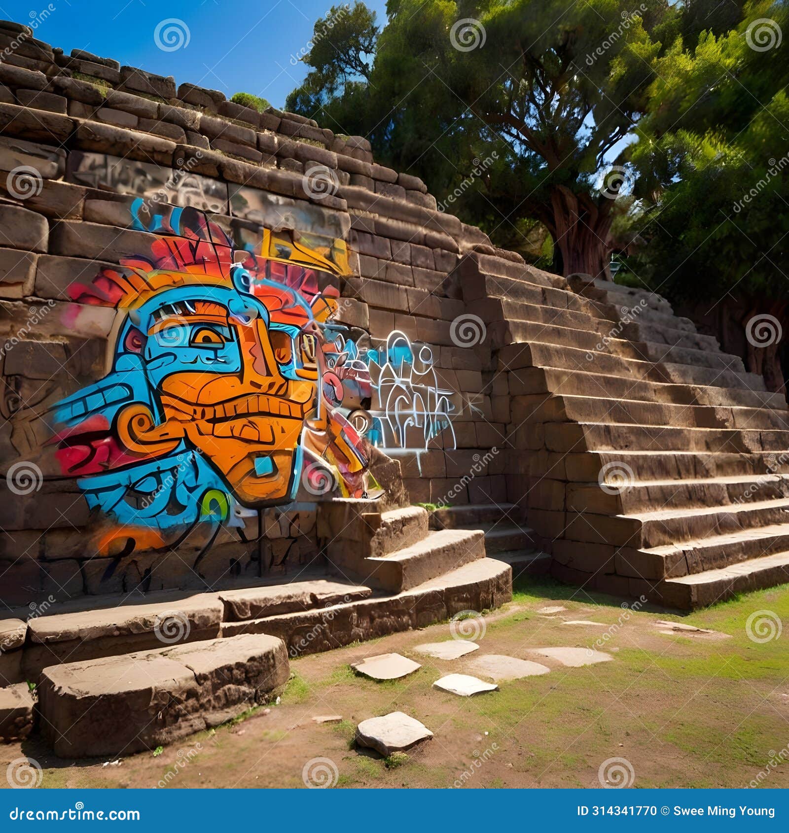 Image of the Aztec Statue in Vibrant Graffiti Scene Drawn Around the ...