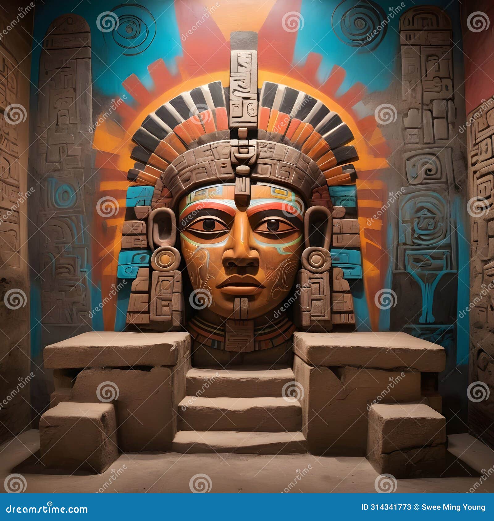 Image of the Aztec Statue in Vibrant Graffiti Scene Drawn Around the ...