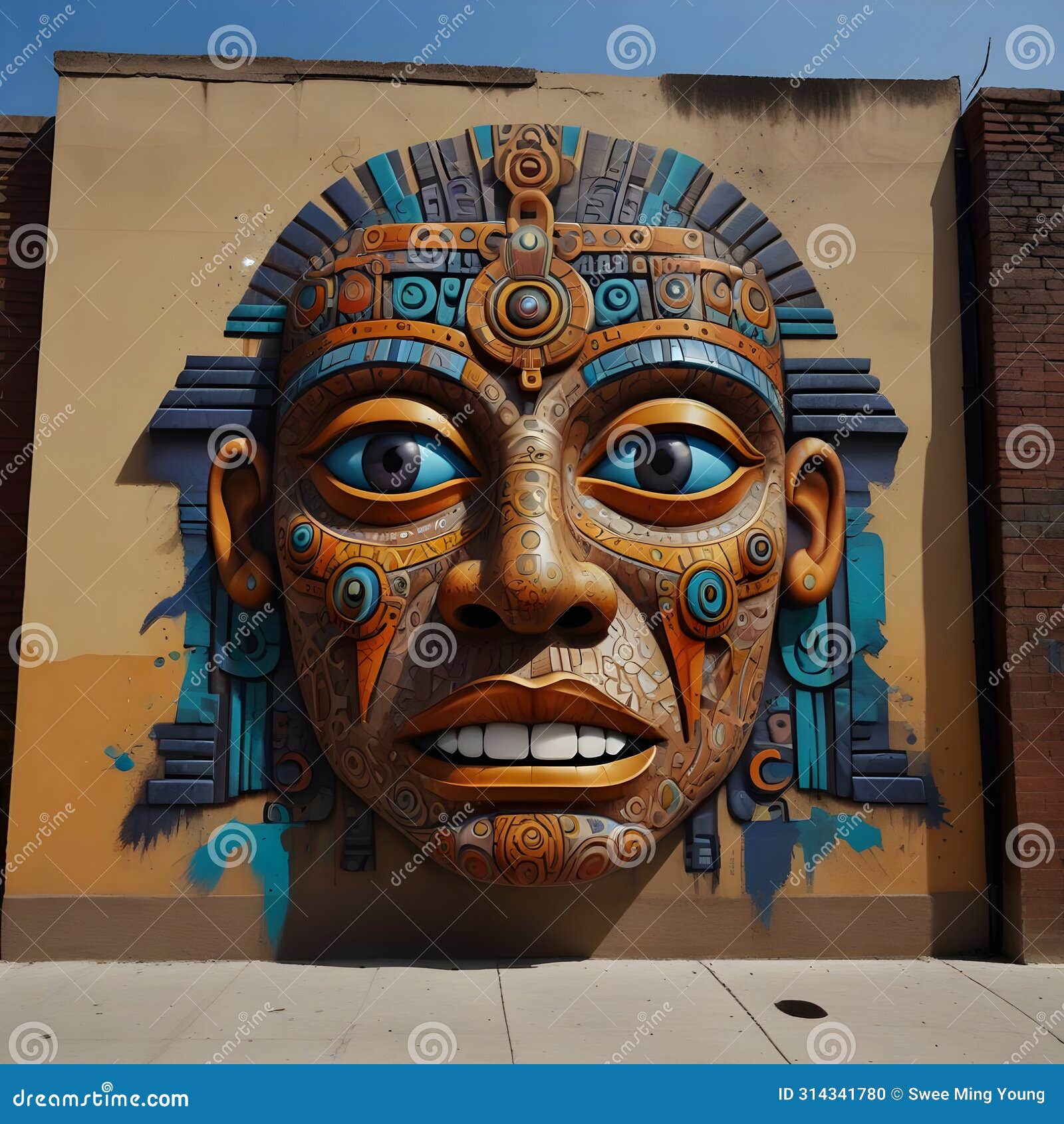 Image of the Aztec Statue in Vibrant Graffiti Scene Drawn Around the ...