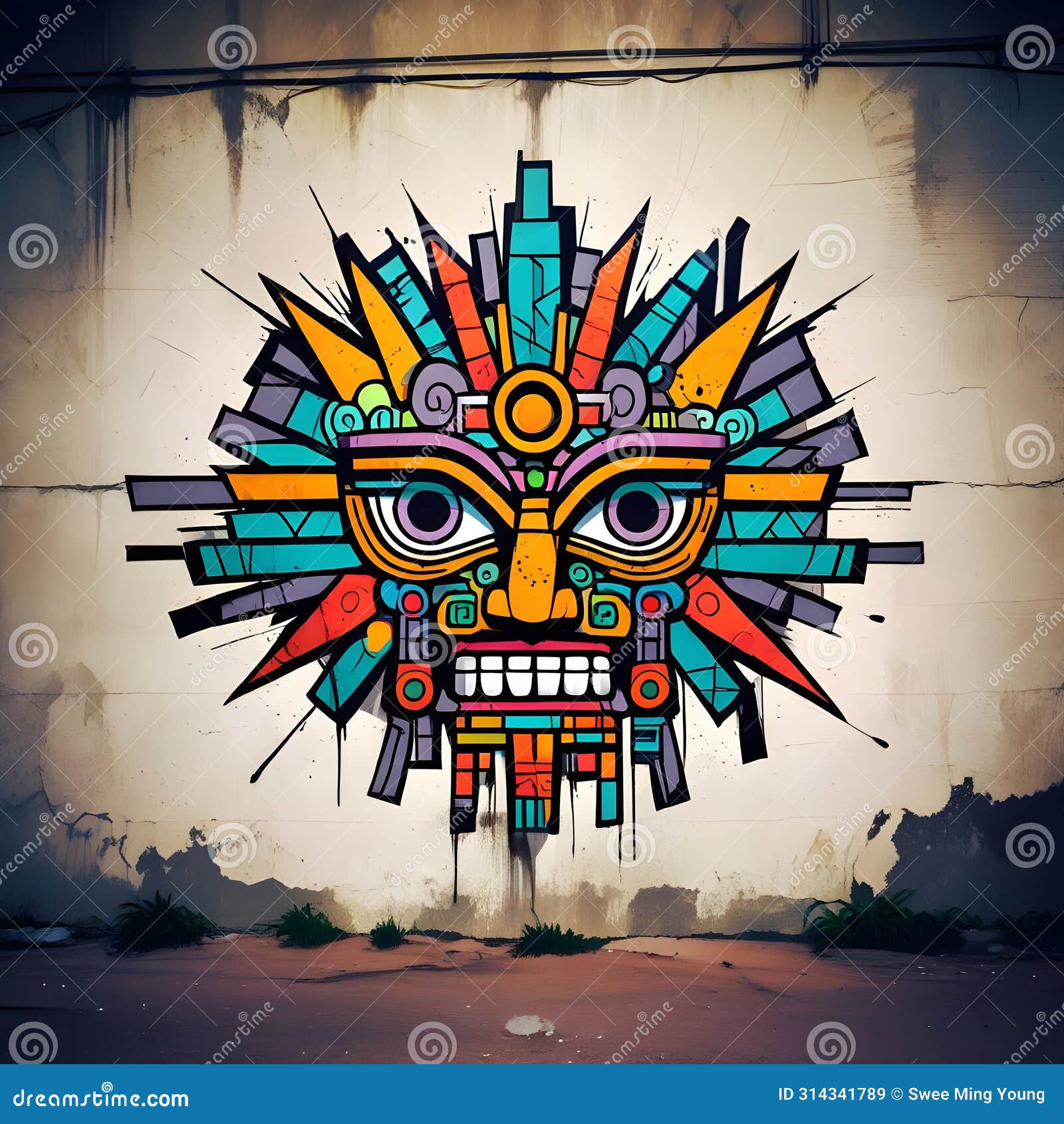 Image of the Aztec Statue in Vibrant Graffiti Scene Drawn Around the ...