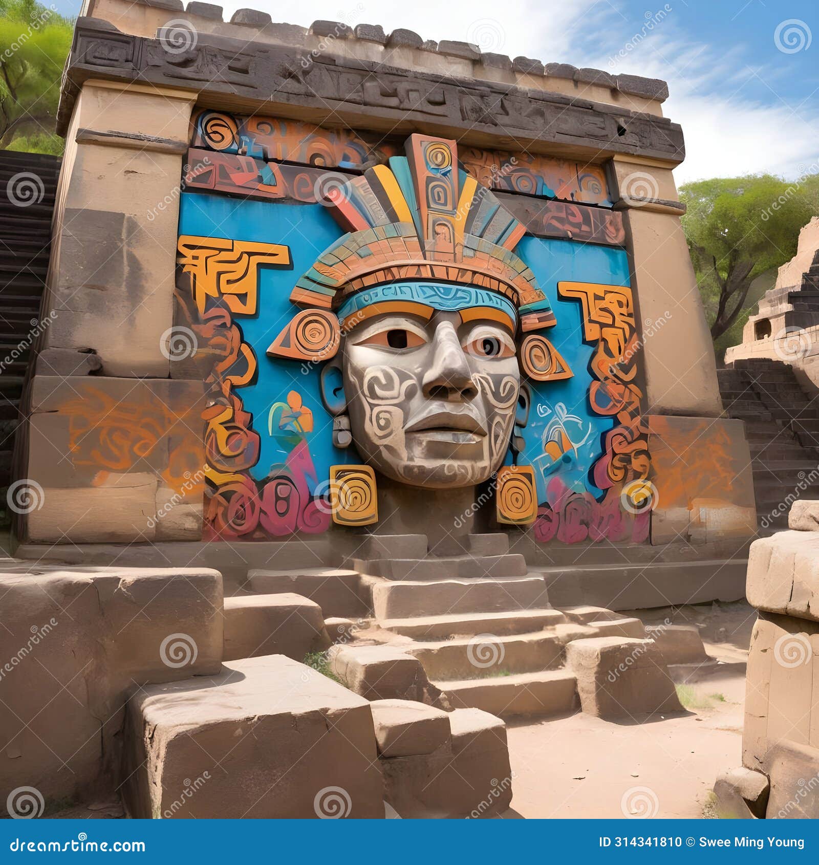 Image of the Aztec Statue in Vibrant Graffiti Scene Drawn Around the ...