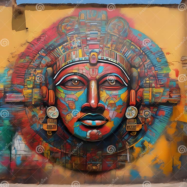 Image of the Aztec Statue in Vibrant Graffiti Scene Drawn Around the ...