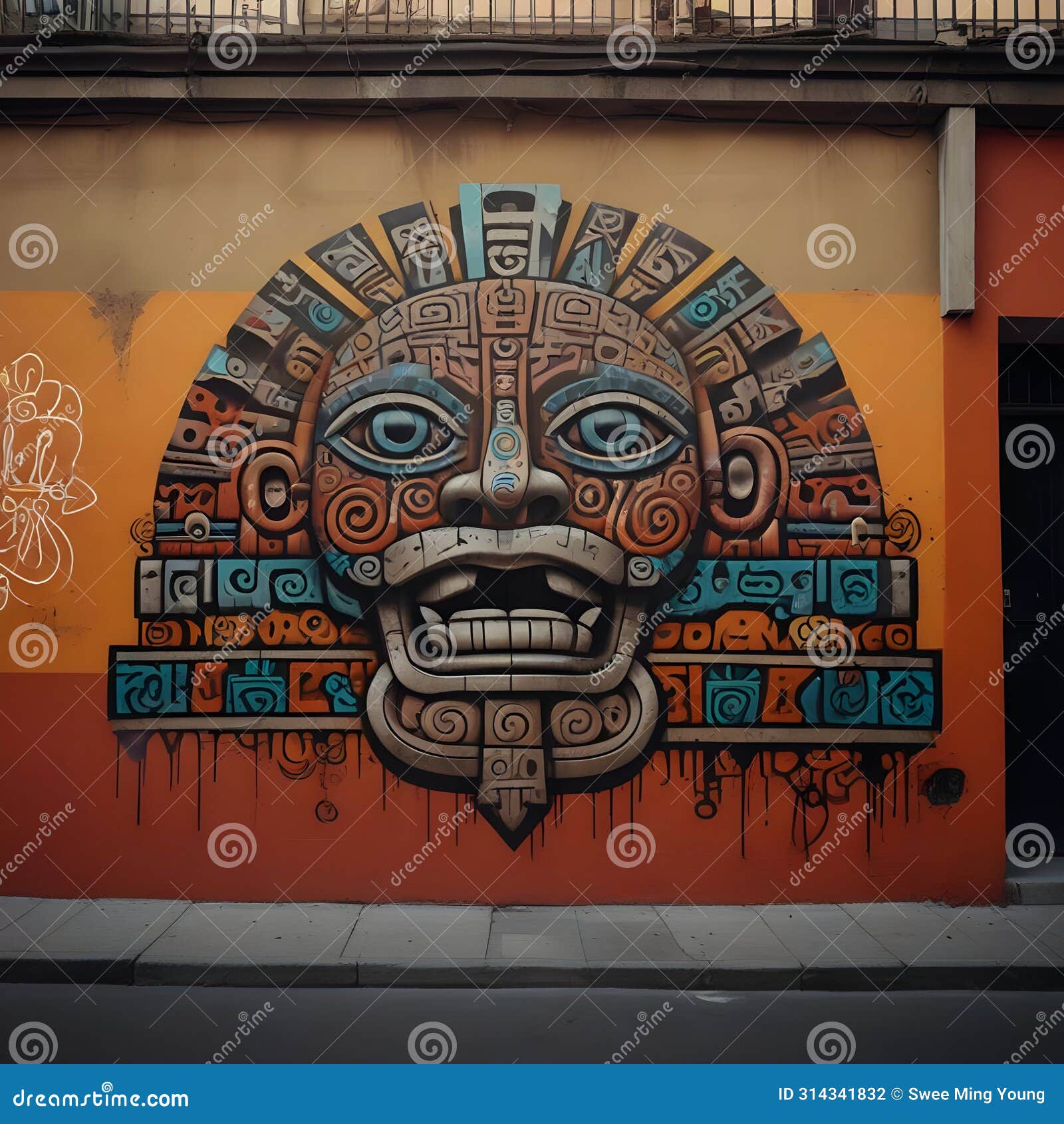 Image of the Aztec Statue in Vibrant Graffiti Scene Drawn Around the ...
