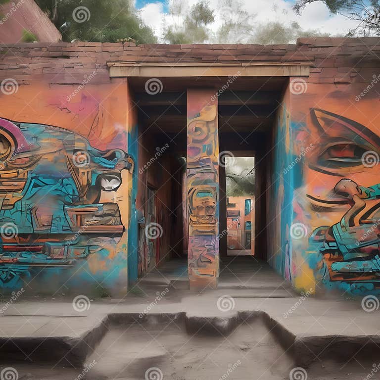 Image of the Aztec Statue in Vibrant Graffiti Scene Drawn Around the ...