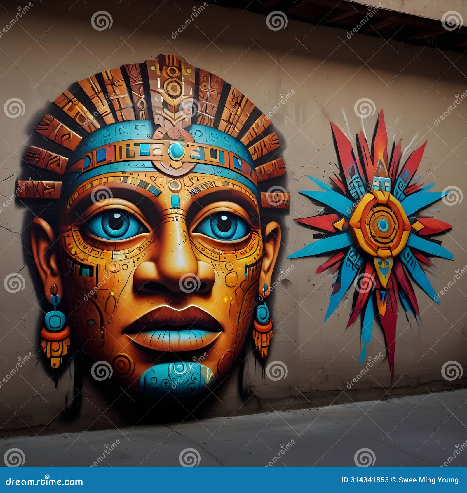 Image of the Aztec Statue in Vibrant Graffiti Scene Drawn Around the ...