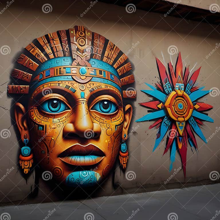 Image of the Aztec Statue in Vibrant Graffiti Scene Drawn Around the ...