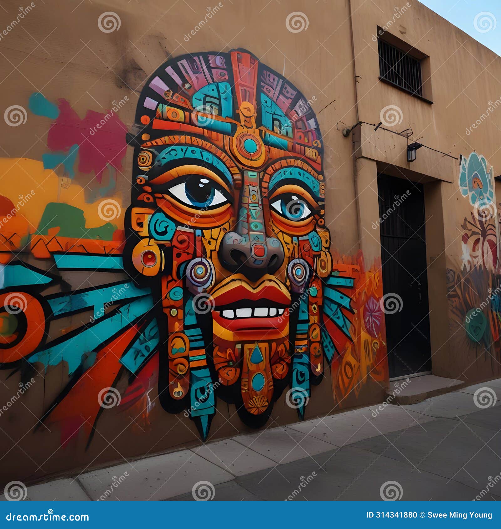 Image of the Aztec Statue in Vibrant Graffiti Scene Drawn Around the ...