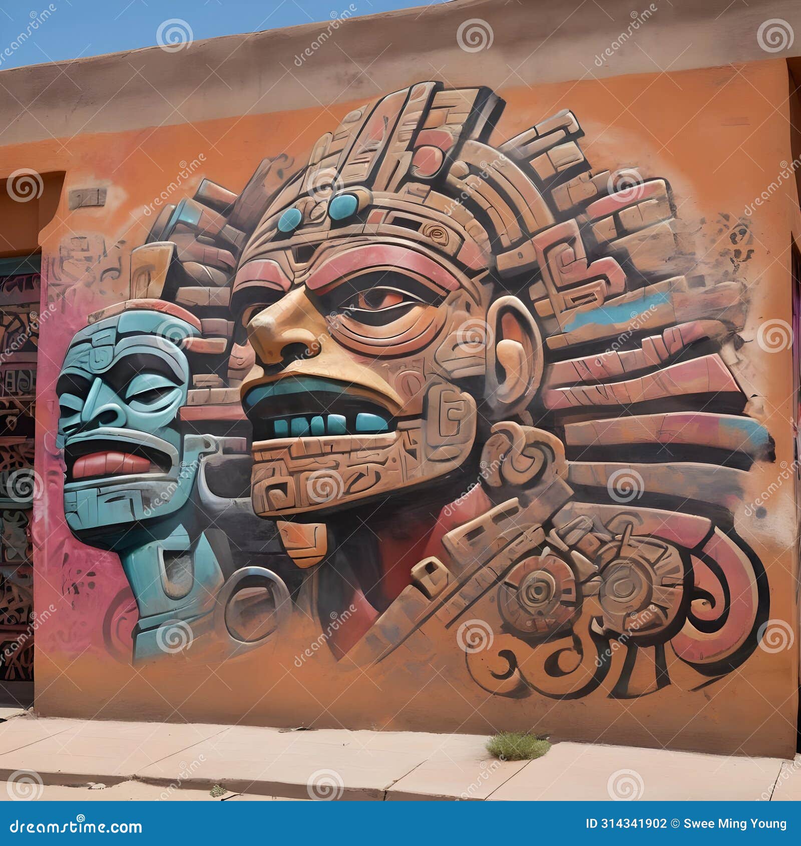 Image of the Aztec Statue in Vibrant Graffiti Scene Drawn Around the ...