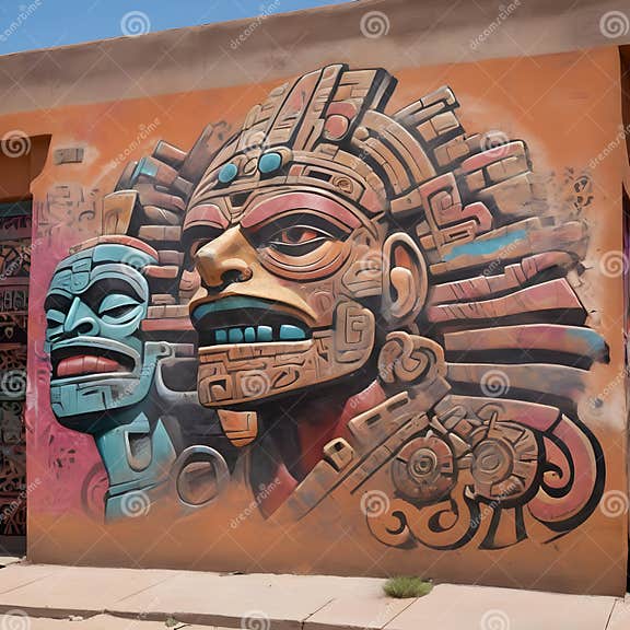 Image of the Aztec Statue in Vibrant Graffiti Scene Drawn Around the ...