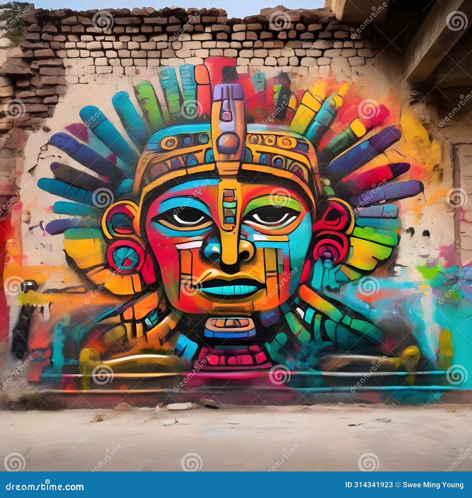 Image of the Aztec Statue in Vibrant Graffiti Scene Drawn Around the ...