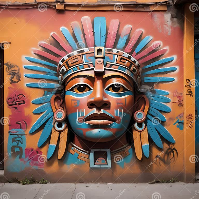 Image of the Aztec Statue in Vibrant Graffiti Scene Drawn Around the ...