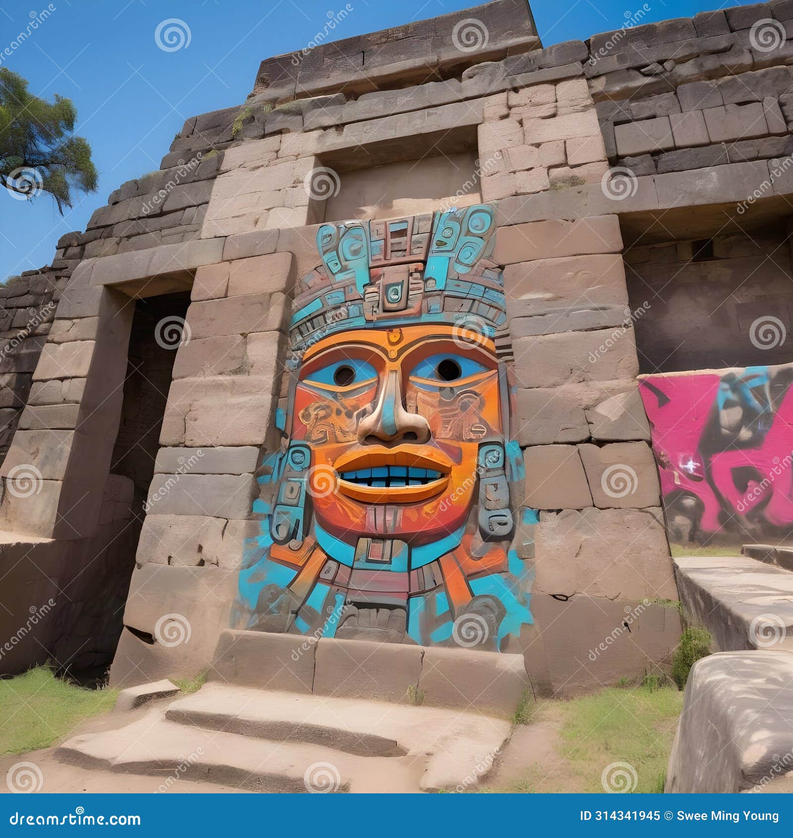Image of the Aztec Statue in Vibrant Graffiti Scene Drawn Around the ...
