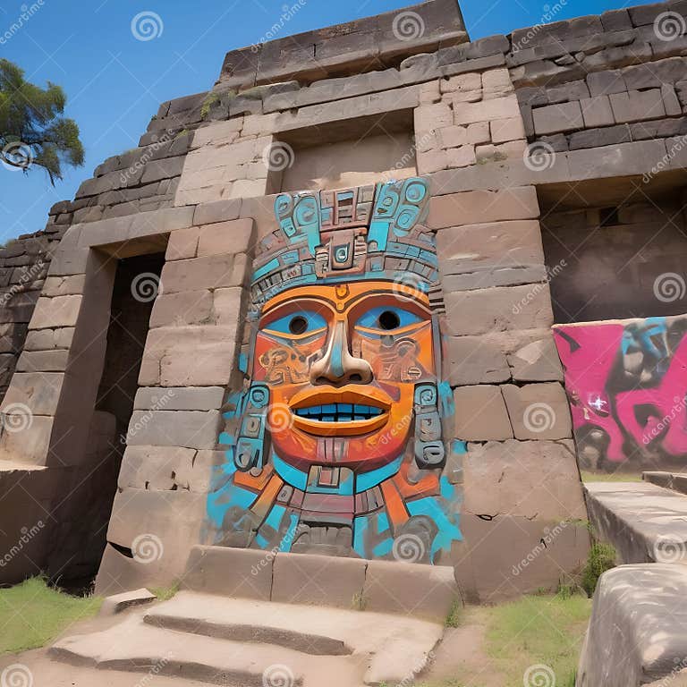 Image of the Aztec Statue in Vibrant Graffiti Scene Drawn Around the ...
