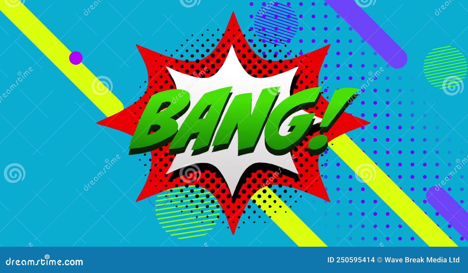 Image of Bang Text on Retro Speech Bubble Over Abstract Shapes on Blue ...