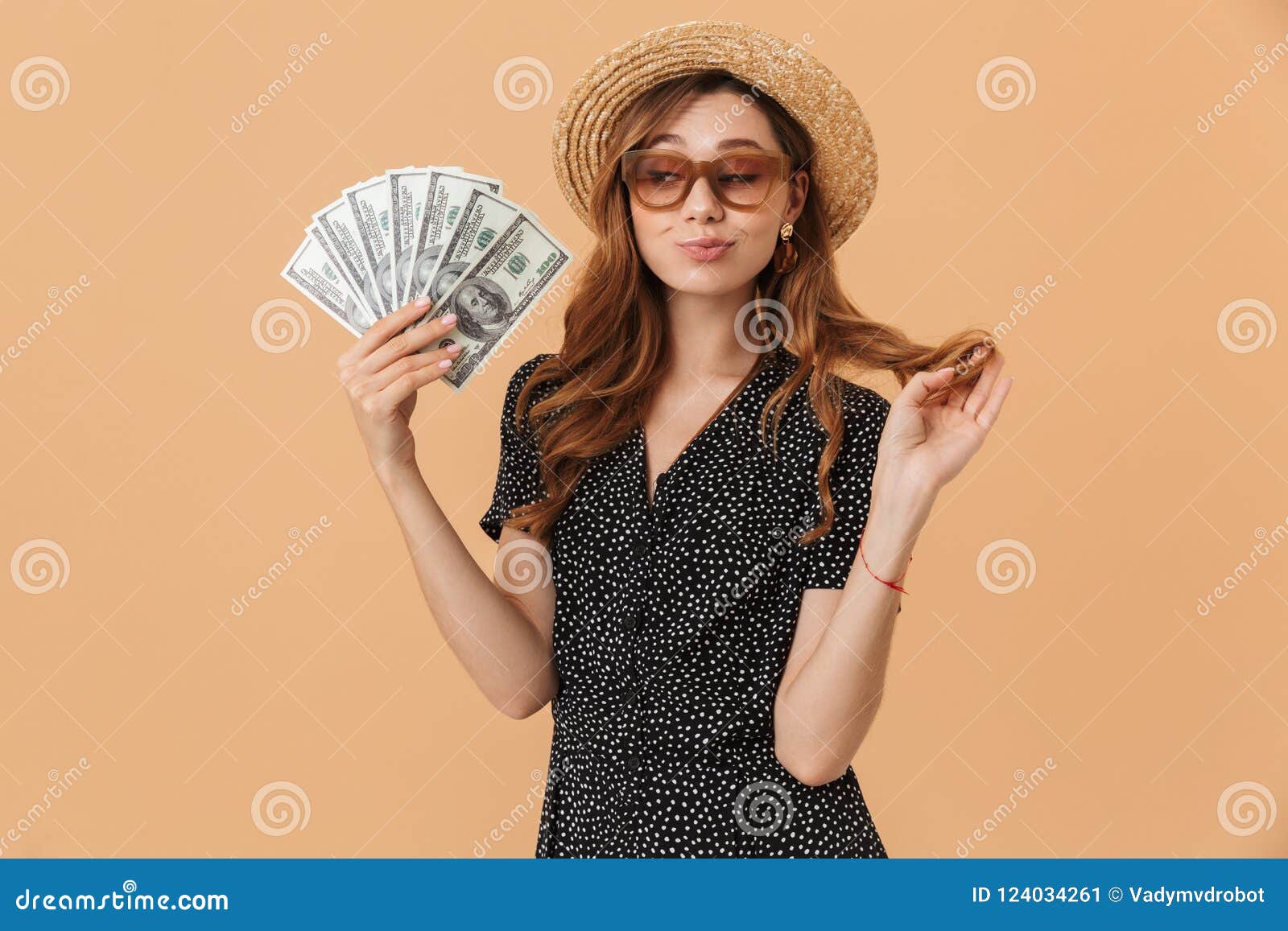 Image Of Beautiful Rich Woman 20s Wearing Straw Hat And Sunglasses