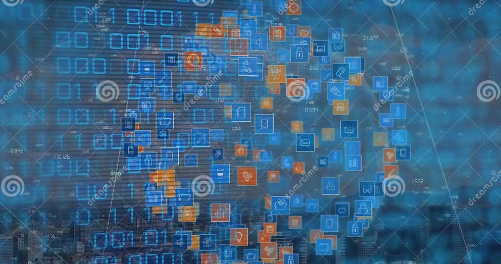 Image of Binary Code Over Globe Made of Icons Stock Illustration ...