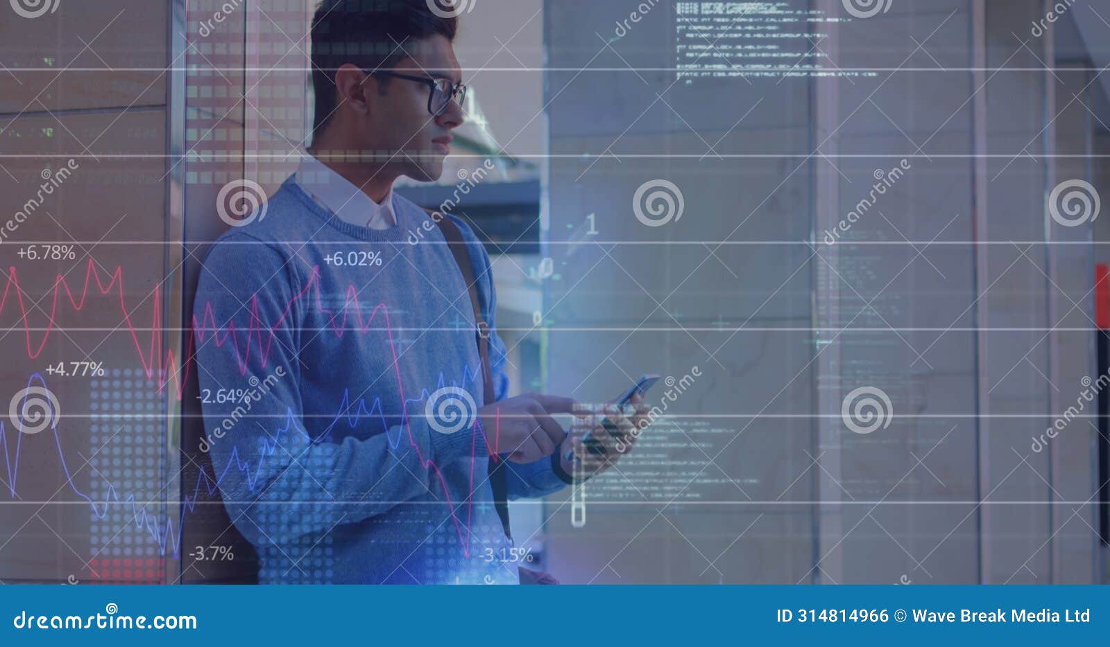 Image of Binary Codes, Computer Language, Biracial Man Standing and Scrolling on Cellphone Stock ...