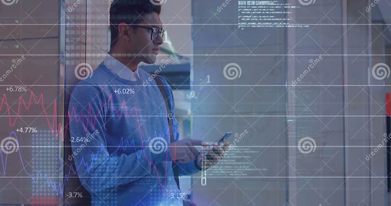 Image of Binary Codes, Computer Language, Biracial Man Standing and Scrolling on Cellphone Stock ...