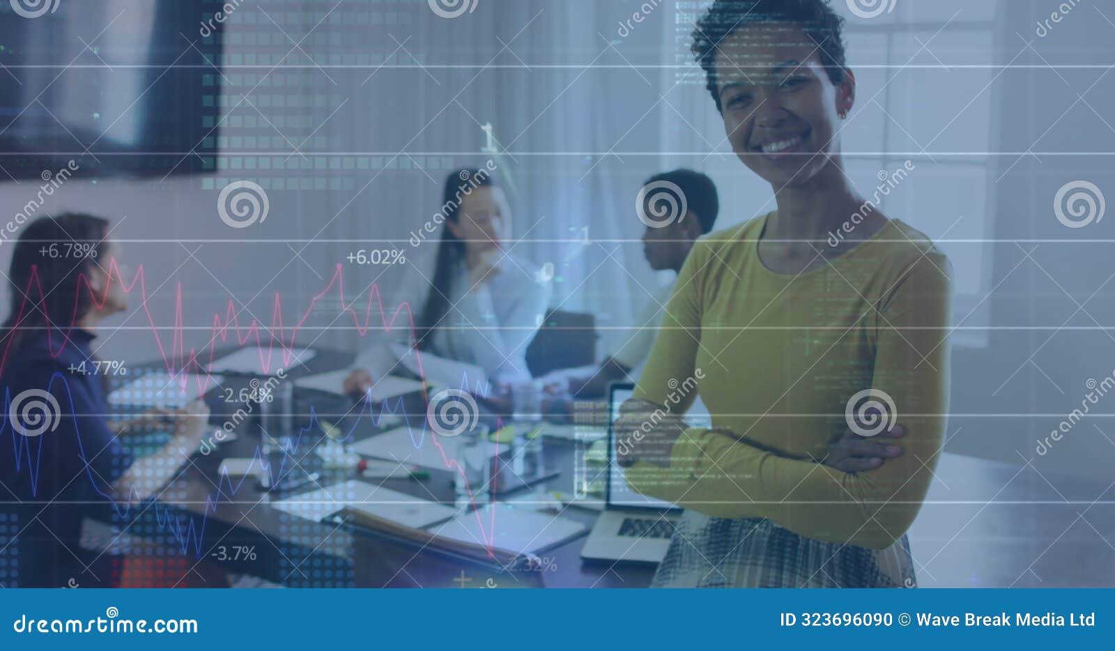 Image of Binary Codes, Computer Language and Graphs, Biracial Woman Standing Arms Crossed Stock ...