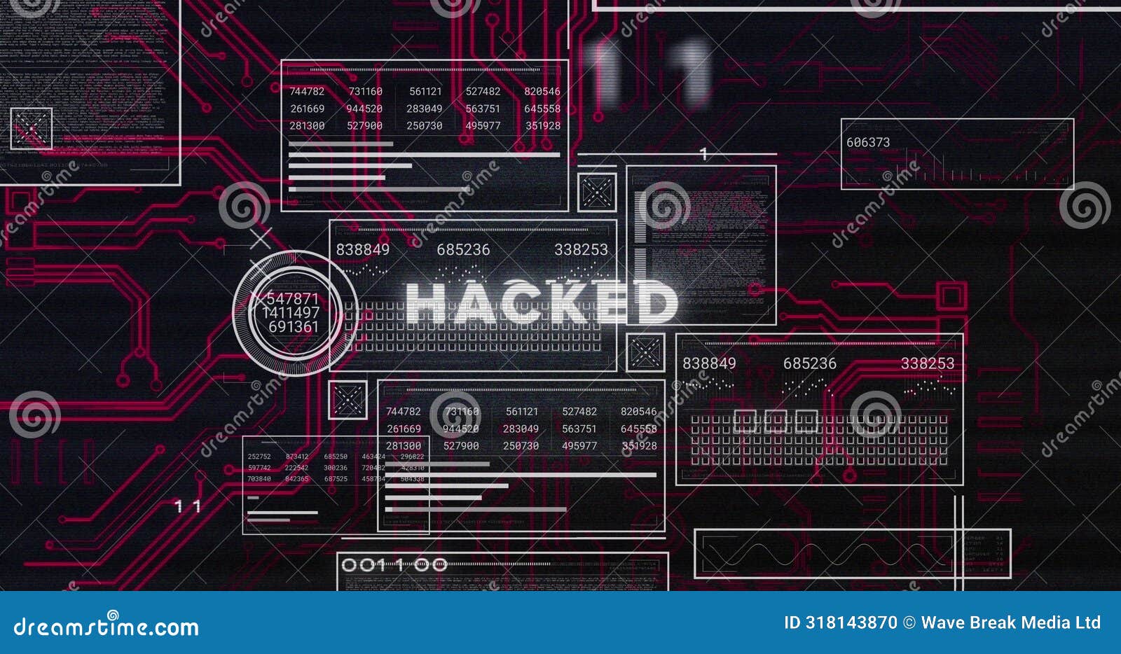 Image of Binary Codes Over Hacked Text on Loading Bars, Numbers in Circles on Black Background ...