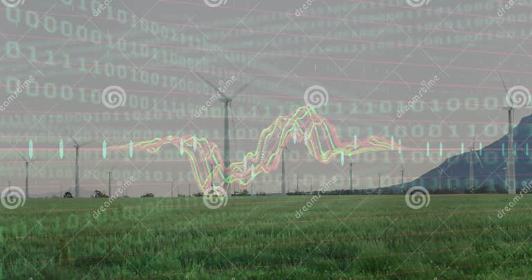 Image of Binary Coding and Against Spinning Windmills on Grassland Stock Image - Image of ...