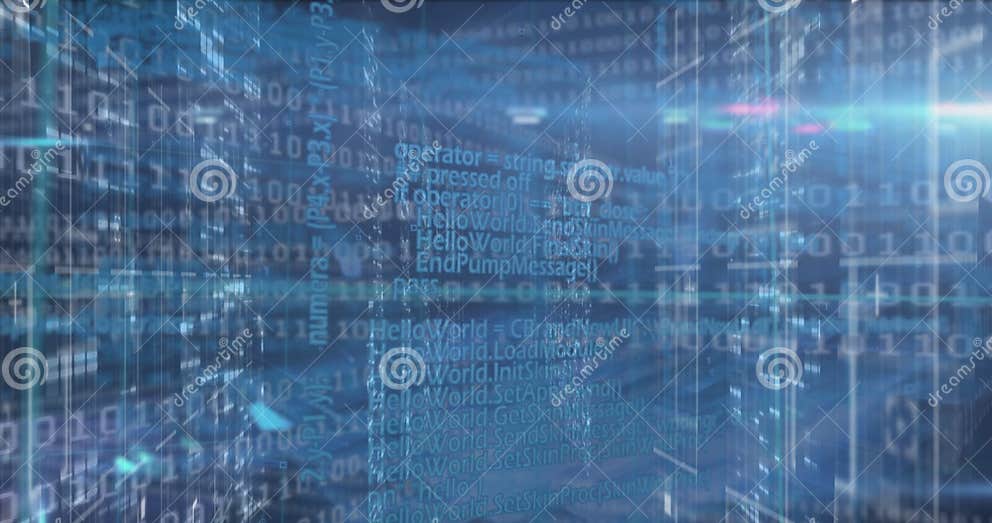 Image of Binary Coding Data Processing Over Screens of Mosaic Squares Against Blue Background ...