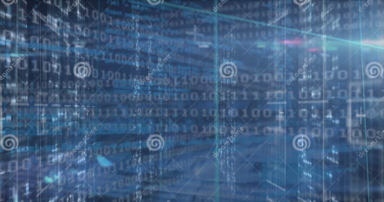 Image of Binary Coding Data Processing Over Screens of Mosaic Squares Against Blue Background ...