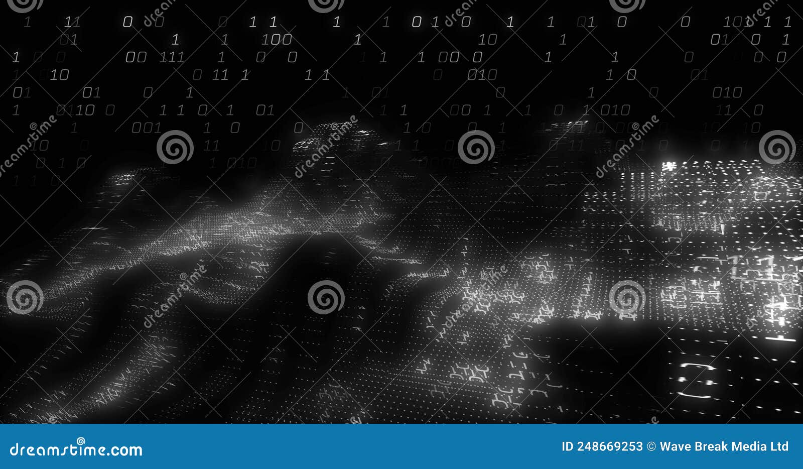 Image Of Binary Coding Data Processing Over Waving On Black Background Stock Illustration
