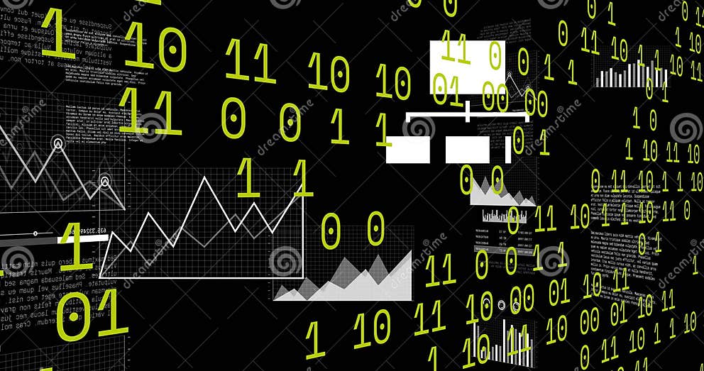 Image of Binary Coding Data Processing and Statistics Over Black Background Stock Illustration ...