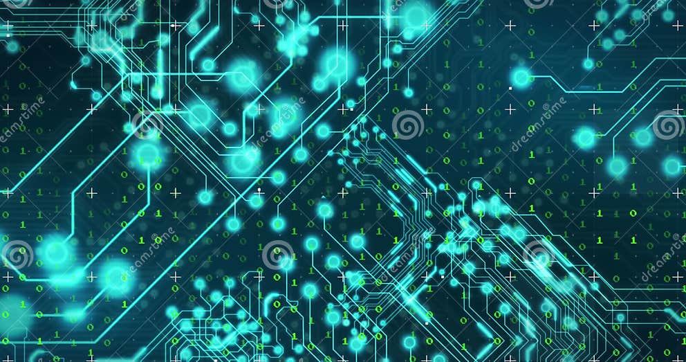 Image of Binary Coding and Glowing Microprocessor Connections Against Blue Background Stock ...