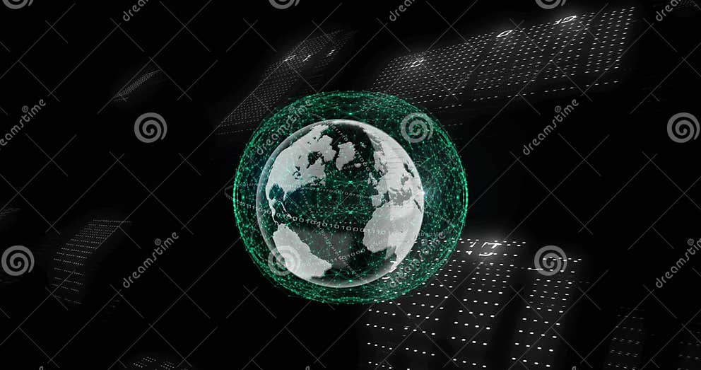 Image of Binary Coding and Network of Connections Over Spinning Globe Against Black Background ...