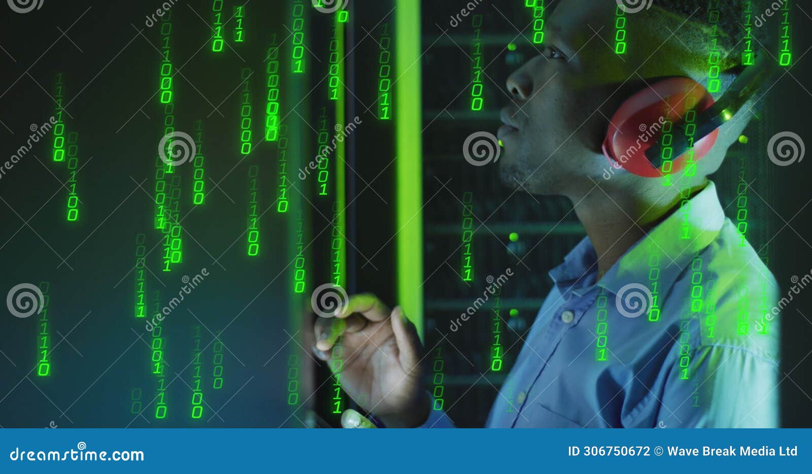 Image of Binary Coding Over African American Male it Engineer and Computer Servers Stock ...