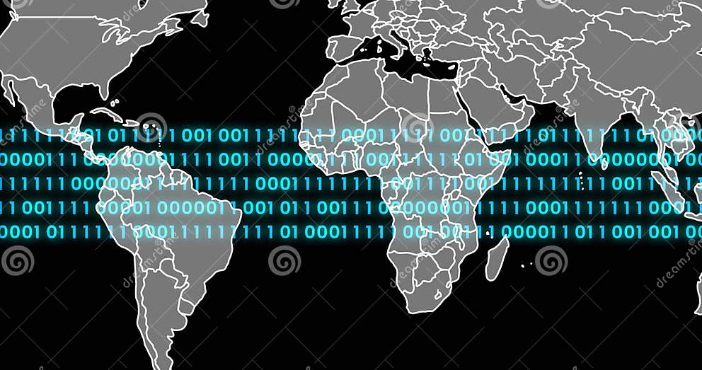 Image of Binary Coding, World Map and Data Processing Over Black ...