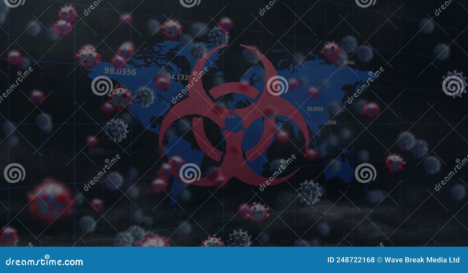 Image of Biohazard Symbol, Covid 19 Cells Moving Over World Map in ...