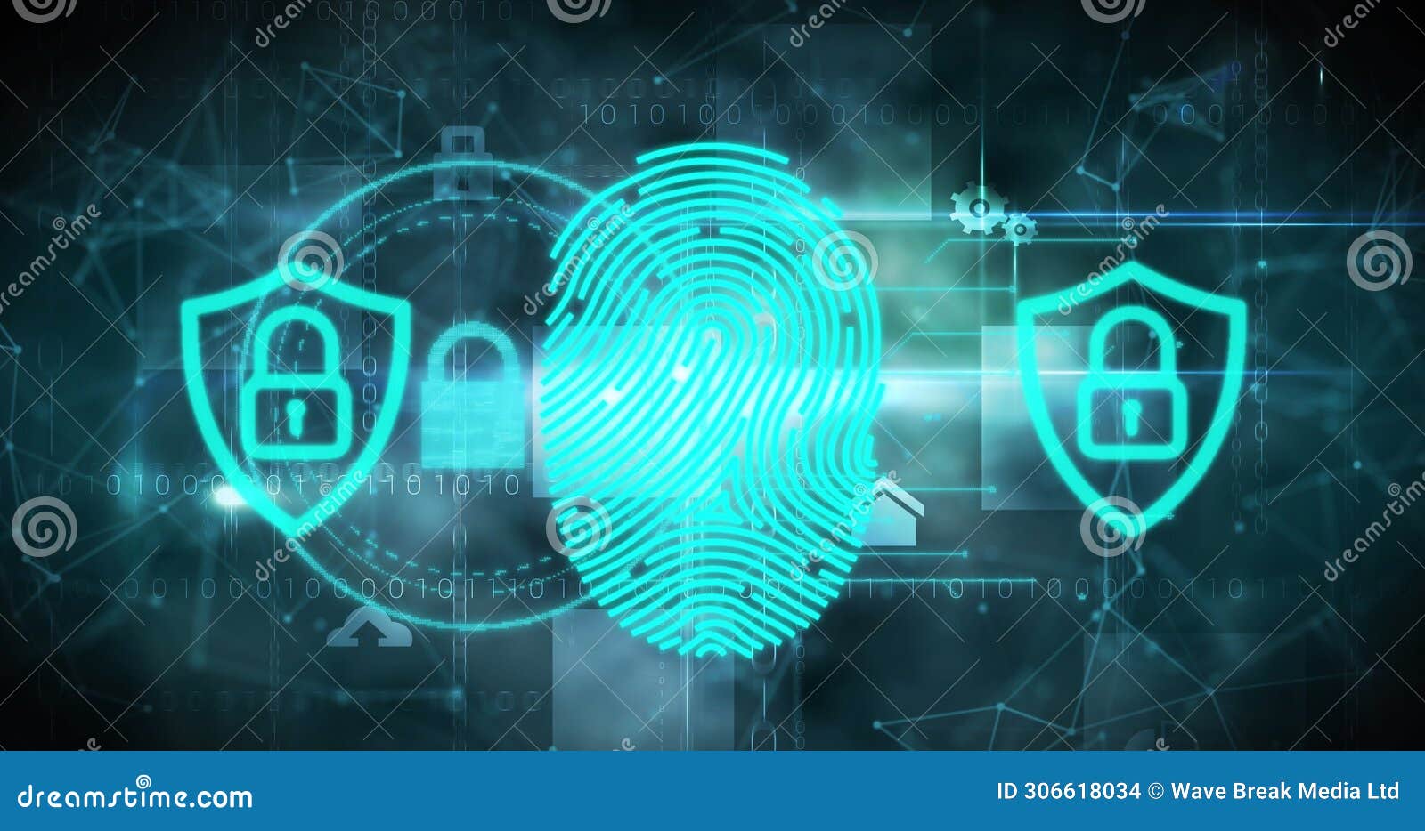 Image of Biometric Fingerprint with Online Security Padlocks on Glowing Blue Background Stock ...
