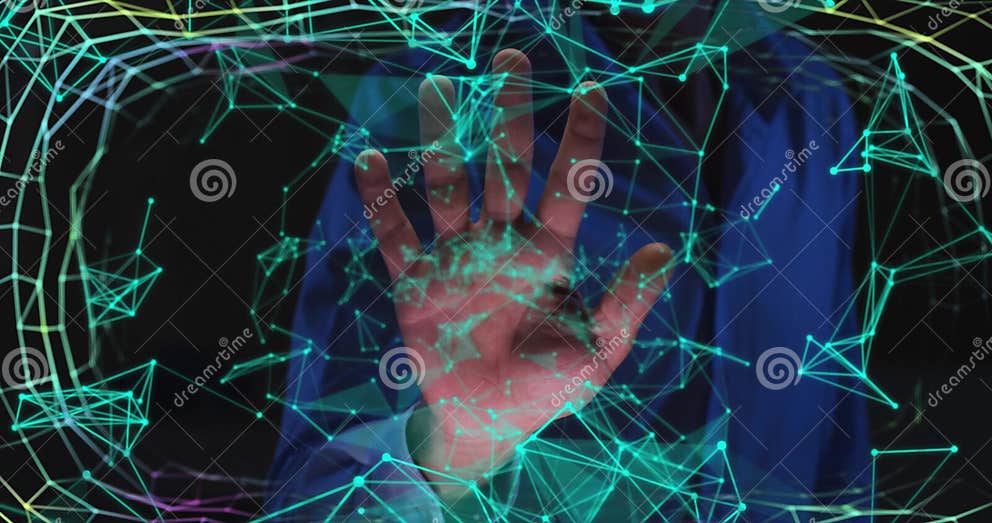 Image of Biometric Hand Check, Connections and Data Processing on Dark ...