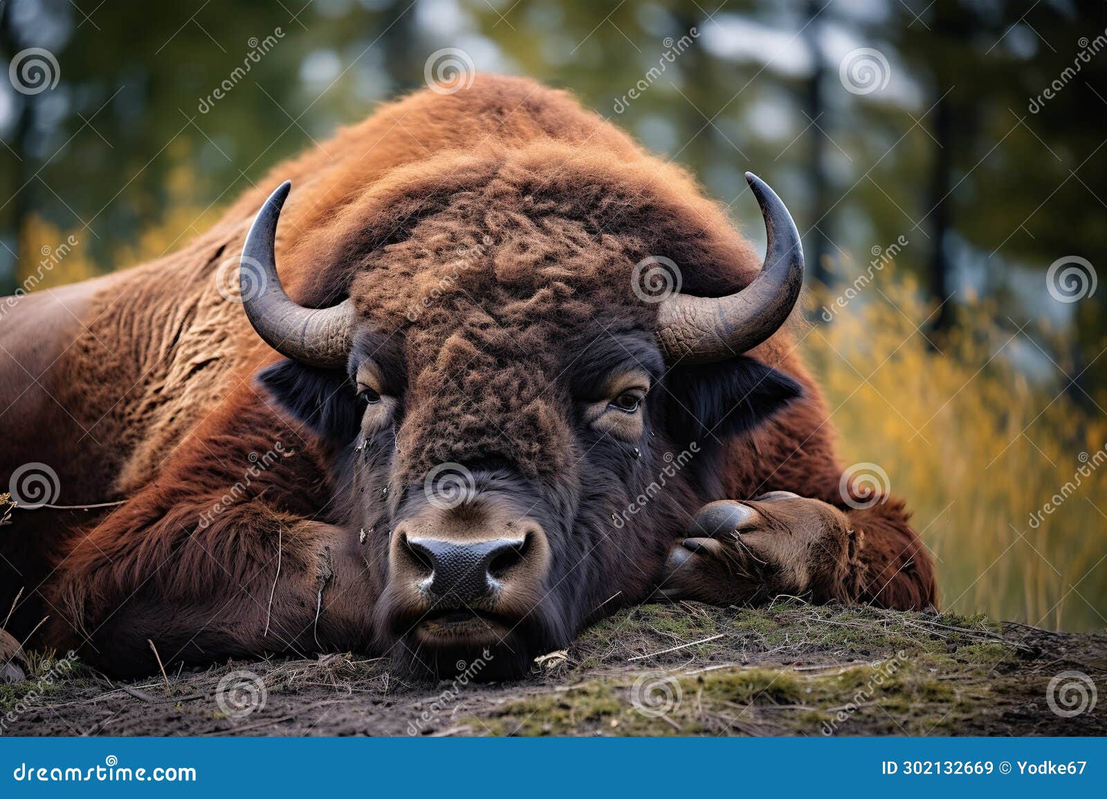 Image of Bison Sleeping Lying on the Ground in the Middle of the Grass ...