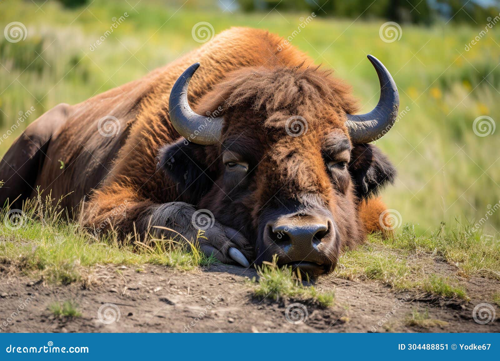 Image of Bison Sleeping Lying on the Ground in the Middle of the Grass ...