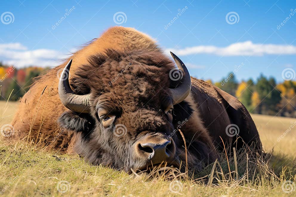 Image of Bison Sleeping Lying on the Ground in the Middle of the Grass ...