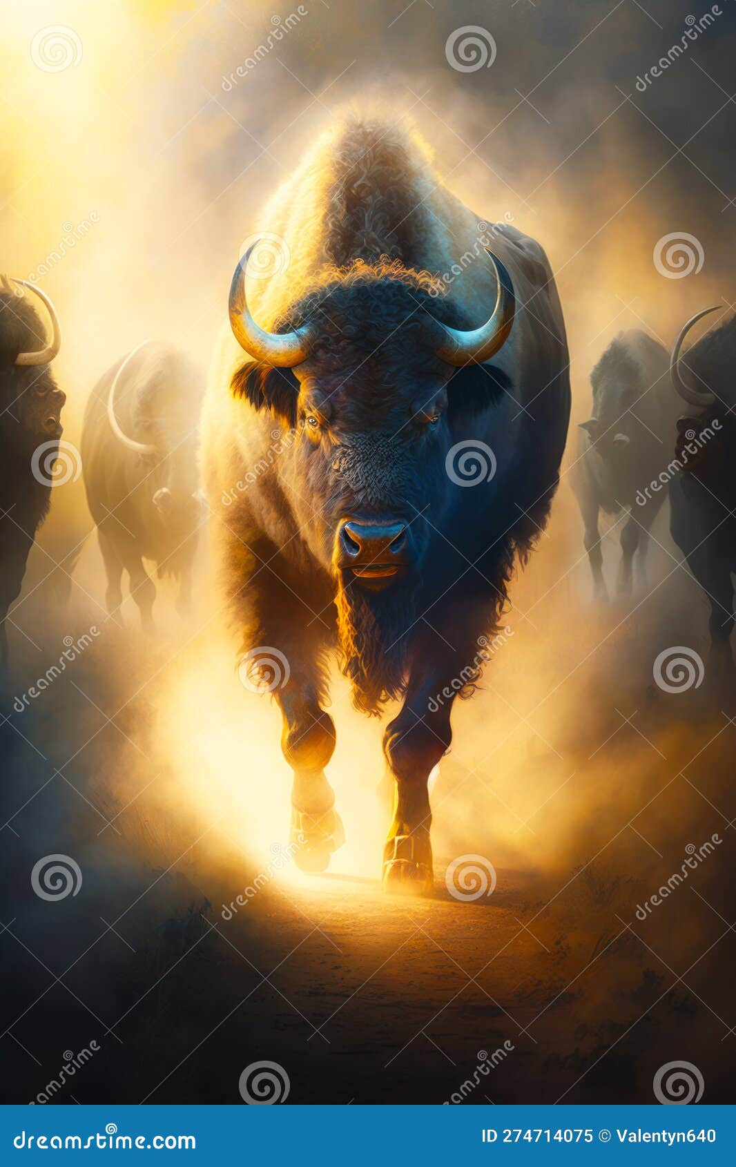 Image of Bison Walking through Group of Other Bison in the Fog ...