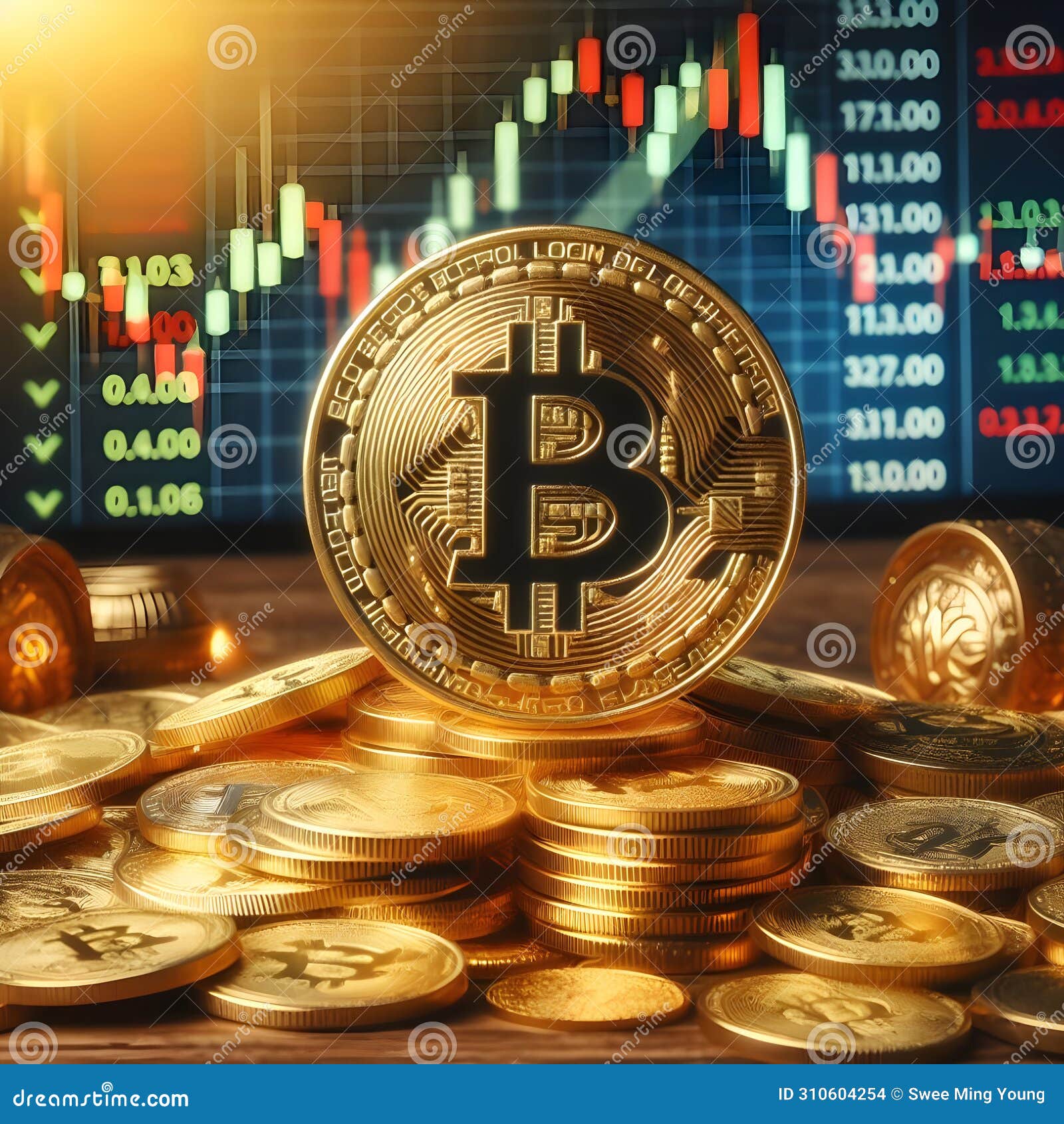 Image of Bitcoin in the Center, a Bunch of Bitcoins Lying on Top of a ...