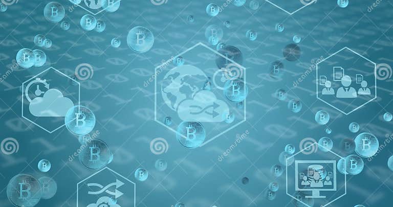 Image of Bitcoin and Digital Icons Over Binary Coding Numbers Changing on Blue Background Stock ...