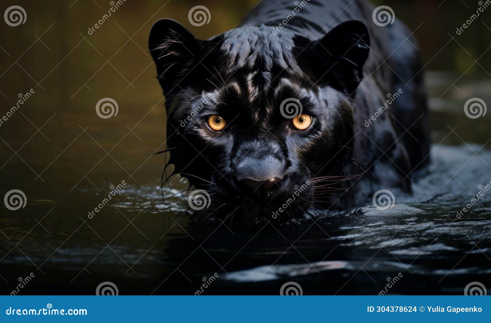 A Image of a Black Panther in the Water Stock Photo - Image of forest ...