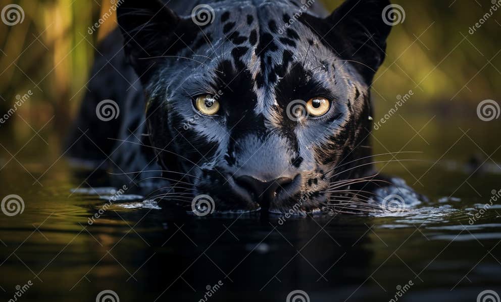 A Image of a Black Panther in the Water Stock Photo - Image of ...