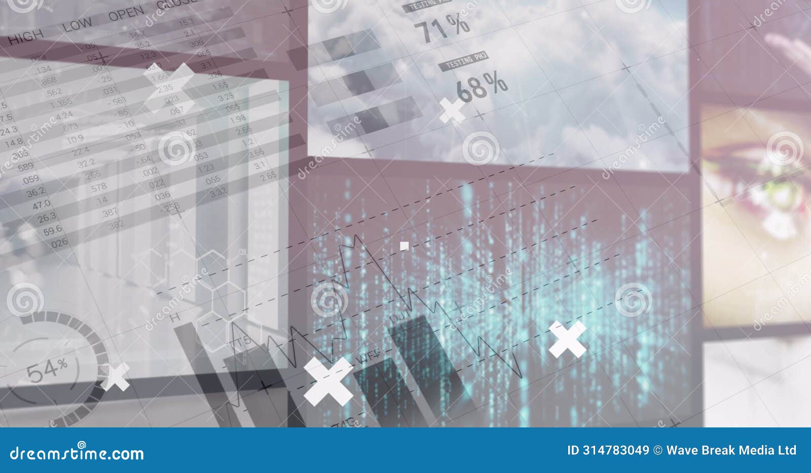 Image of Black and White Charts and Data Over Various Clips Playing on ...